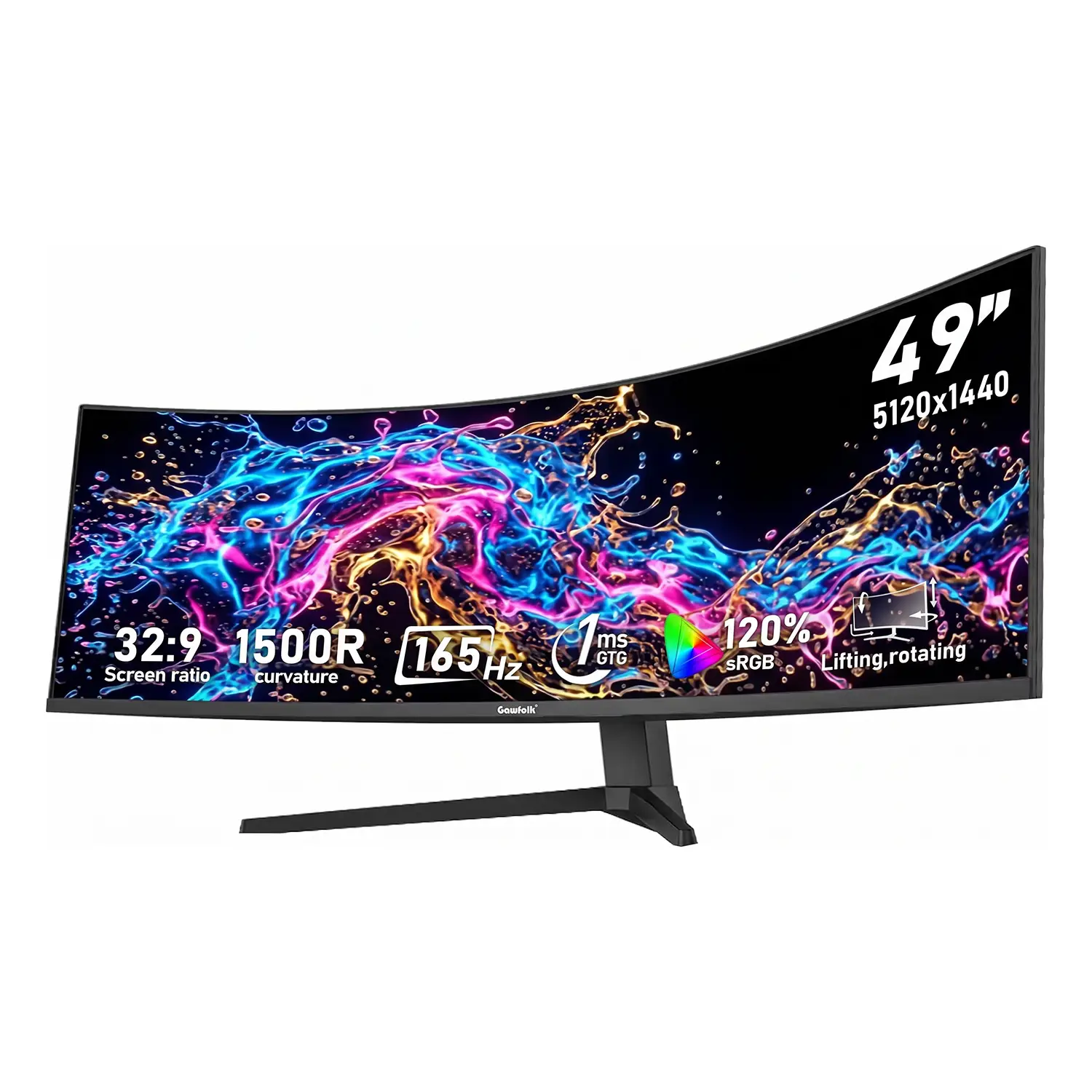Gawfolk 49" Ultrawide Curved Gaming Monitor, 5K DFHD 5120x1440, 165Hz ...
