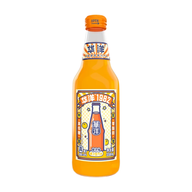 Huayang koolzuurhoudende frisdrank met sinaasappelsmaak, glazen flessen ...
