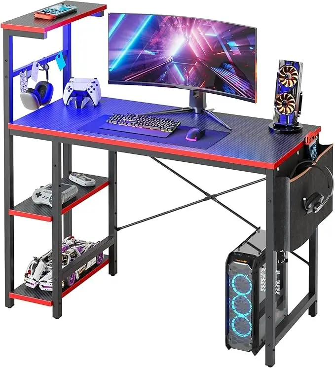 Bestier Kleiner Computertisch mit LED-Streifen, Tisch mit Regal, 113 x ...