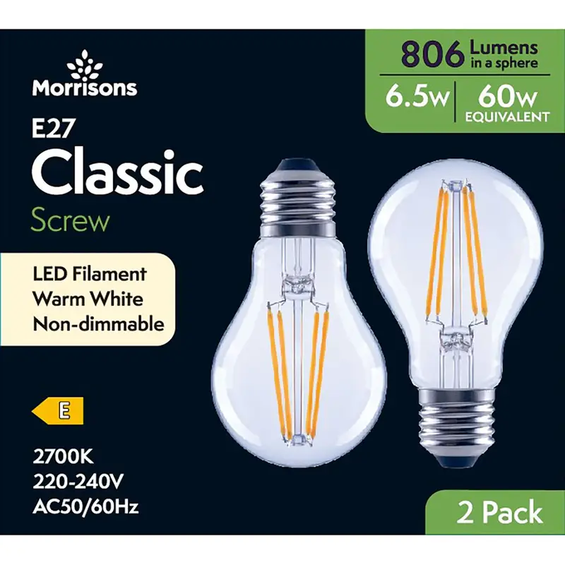 Morrisons Light Bulb LED Globe Filament Screw E27 Warm White 6.5W 806 ...