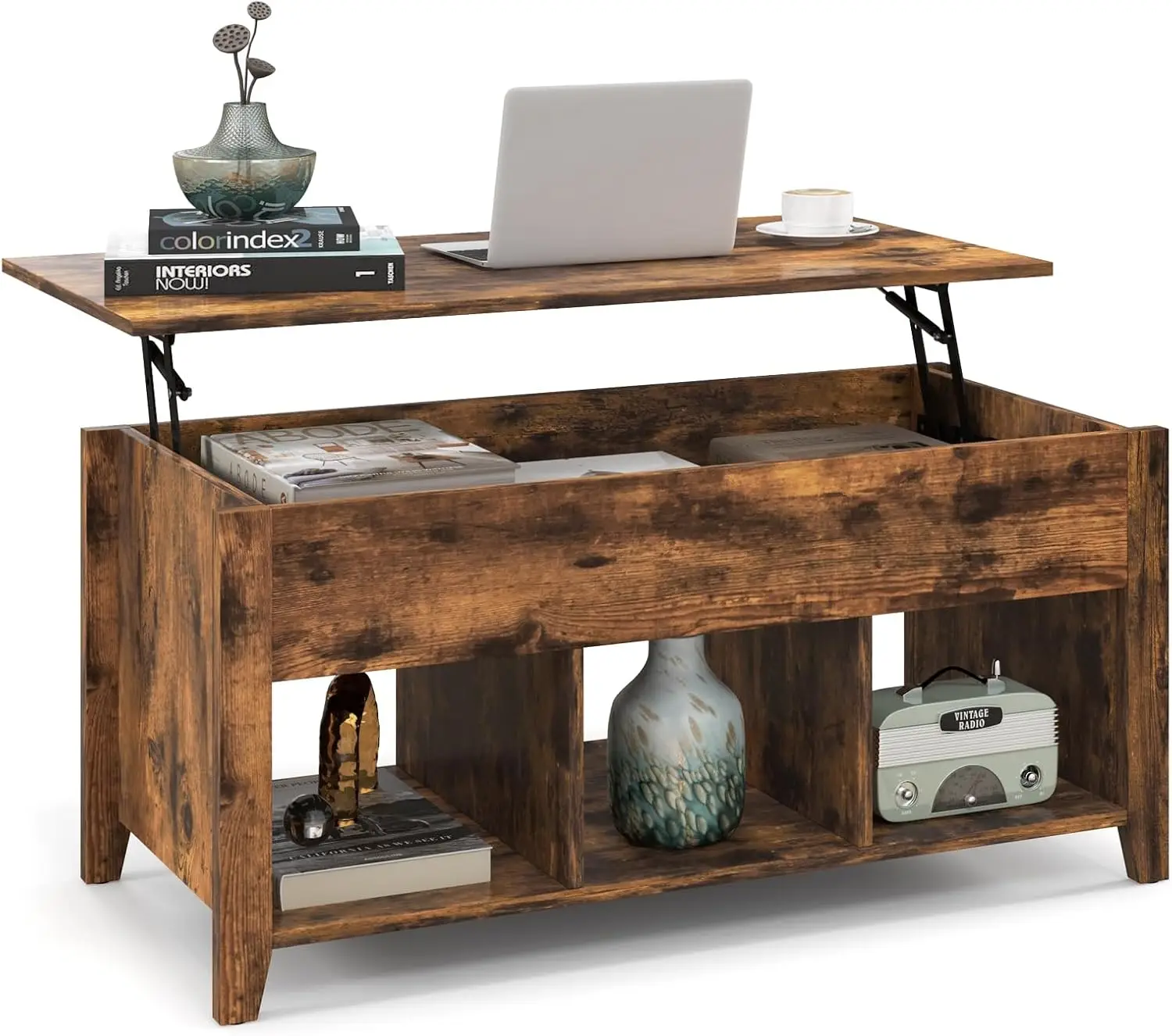 COSTWAY Rising Center Table with Lift Top Hidden Compartment-Rustic ...