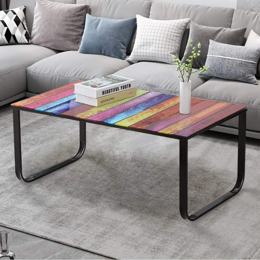 CLIPOP Modern Coffee Table Side Table with 6mm Rainbow Tempered Glass ...