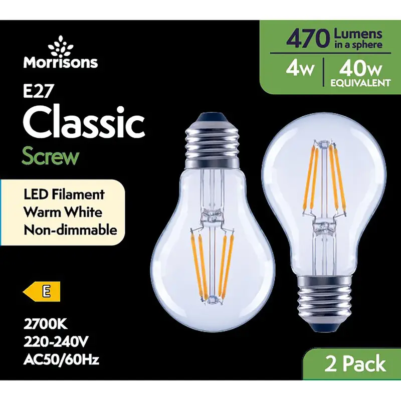 Morrisons Light Bulb Led Globe Filament Screw E27 Warm White 4w 470 ...