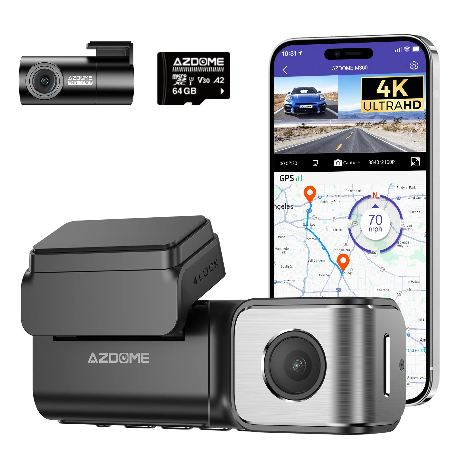 AZDOME M360 Caméra embarquée avant et arrière 4K avec 2,5 K, WiFi, GPS ...