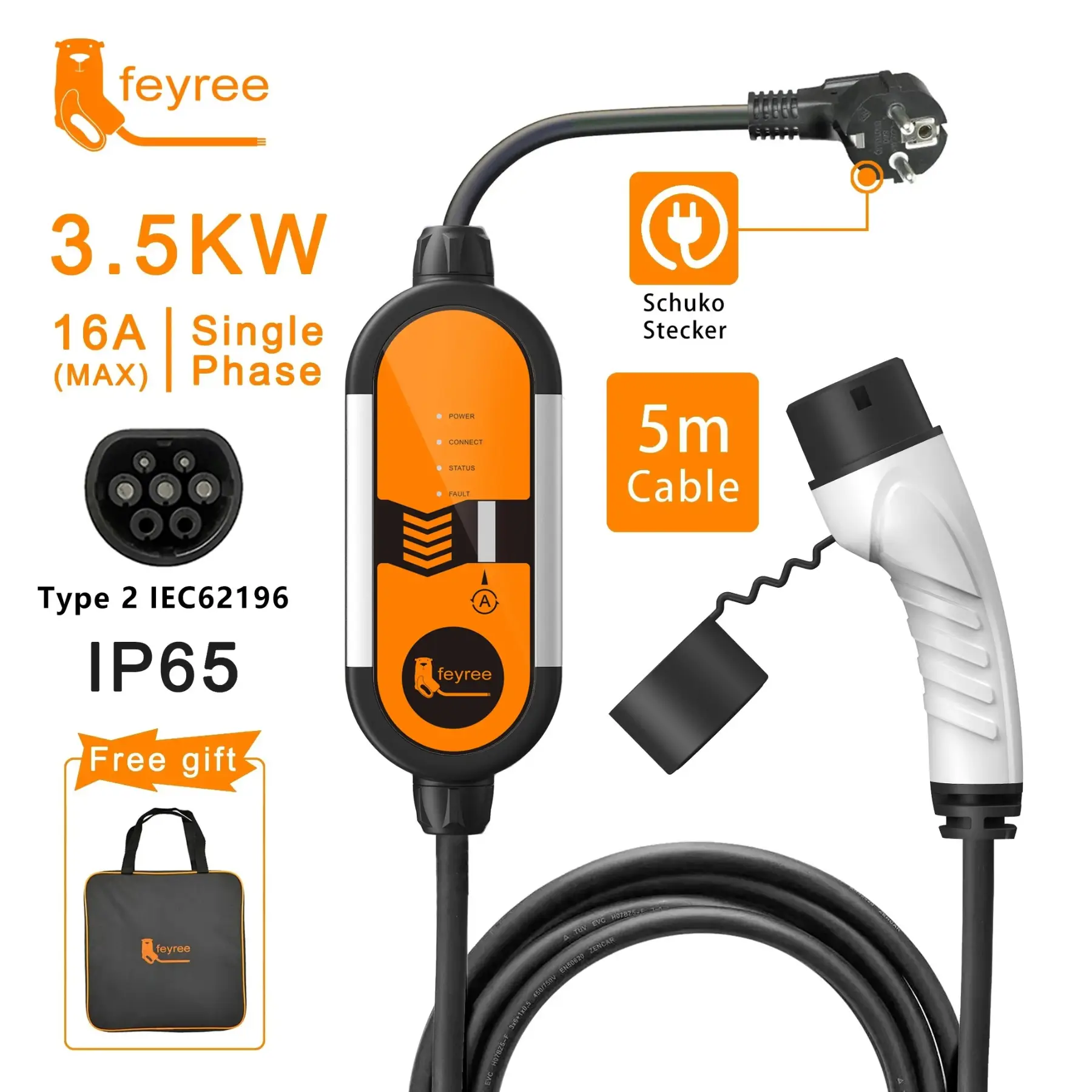 feyree Chargeur portable EV Type 2 3,5 kW (16 A), câble de charge 5 m ...