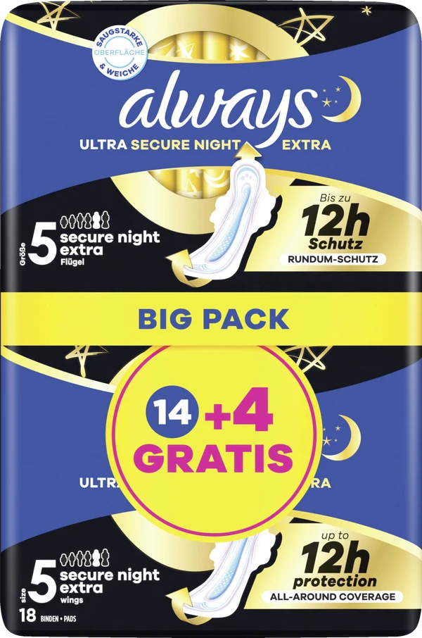 Always Ultra Secure Night Binde Extra mit Flügeln Gr. 5 BigPack 18 ...
