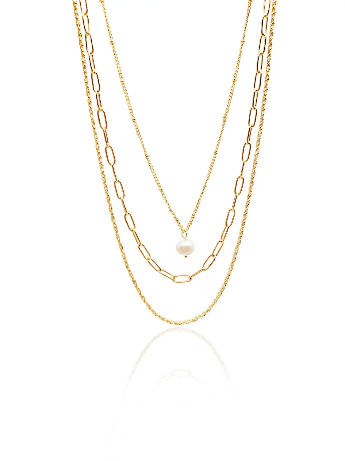 Triple Layer Chain And Pearl 18k Gold Plated 45/49/55cm Necklace ...