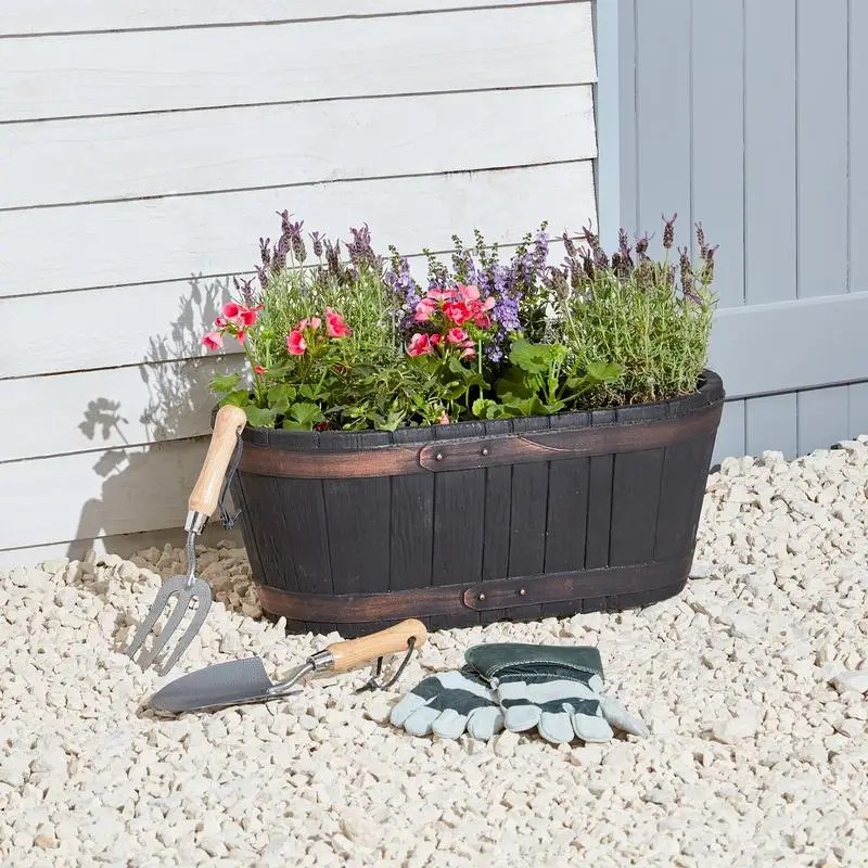 Strata Barrel Planter Trough L: 60.5 x W:34 x H: 25cm cm Oakwood Effect ...