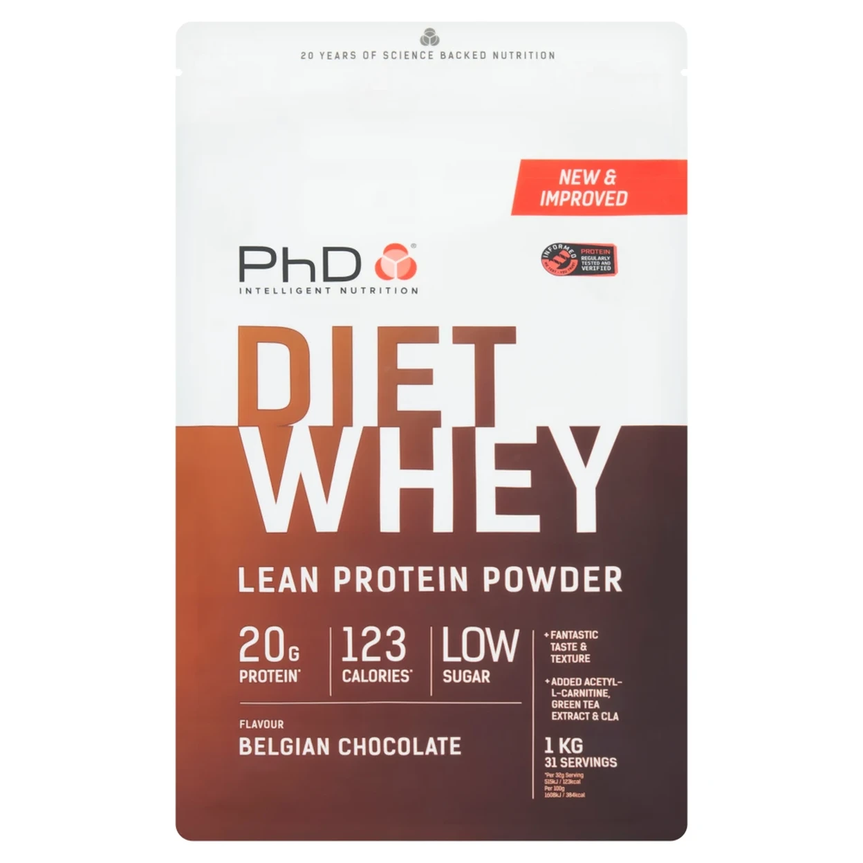 PhD Diet Whey Protein Nutrition Powder Belgian Chocolate Flavour - 1kg ...